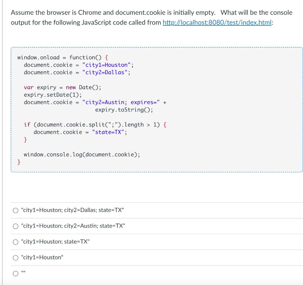 Solved Assume the browser is Chrome and document.cookie is | Chegg.com