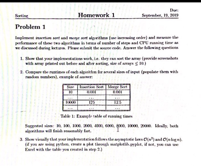 Solved Due: September, 19, 2019 Sorting, Homework 1 Problem | Chegg.com