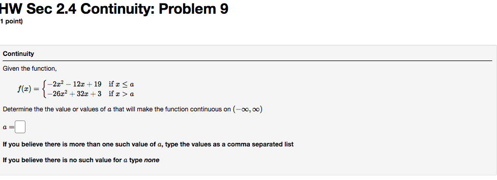 Solved HW Sec 2.4 Continuity: Problem 9 1 point) Continuity | Chegg.com