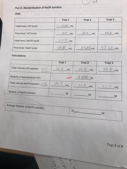 Solved ea Part A: Standardization of NaOH solution. Data: | Chegg.com