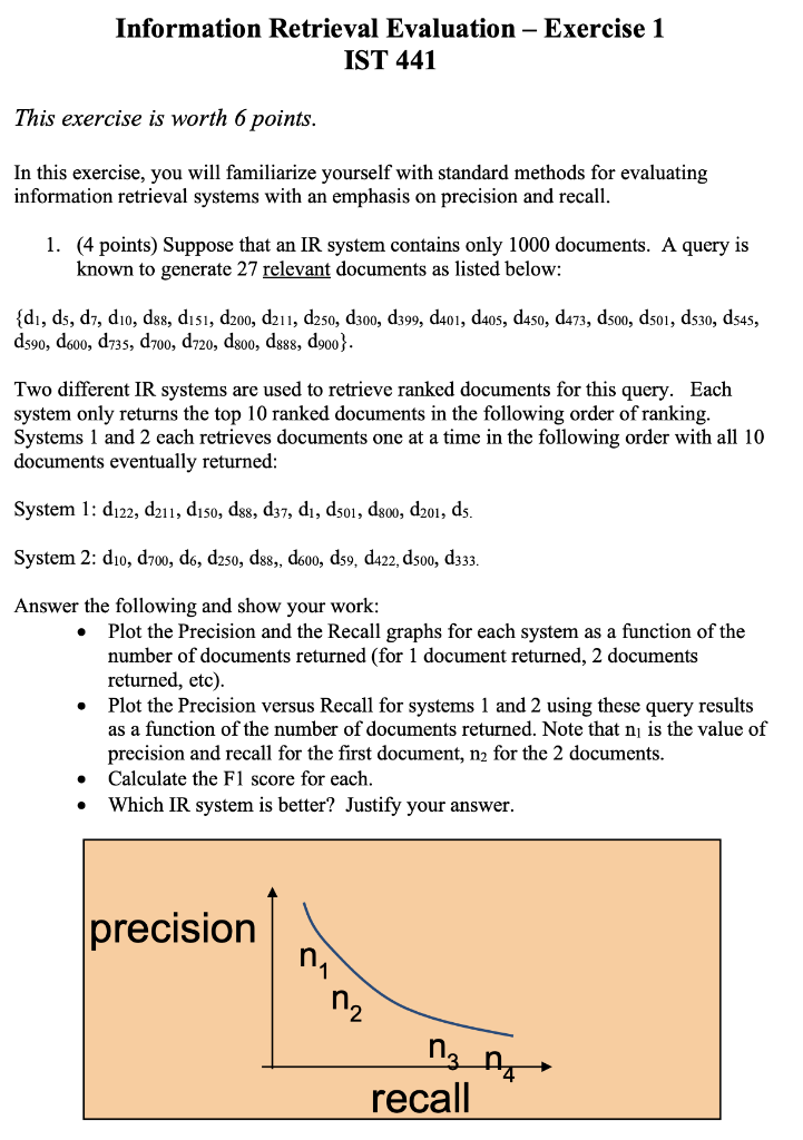 Information Retrieval Evaluation - Exercise 1 IST 441 | Chegg.com