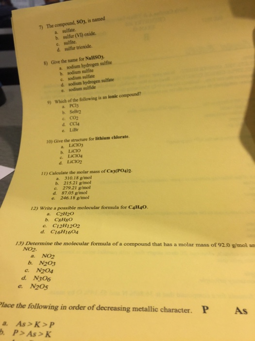 Solved 7) The compound, SO3, is named a. sulfate. b. | Chegg.com
