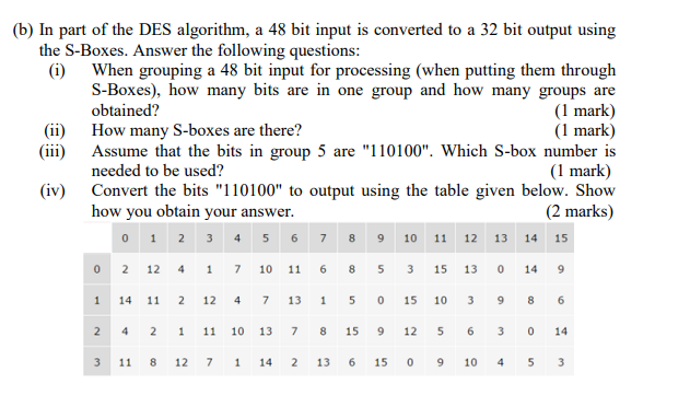 Solved (b) In part of the DES algorithm, a 48 bit input is | Chegg.com