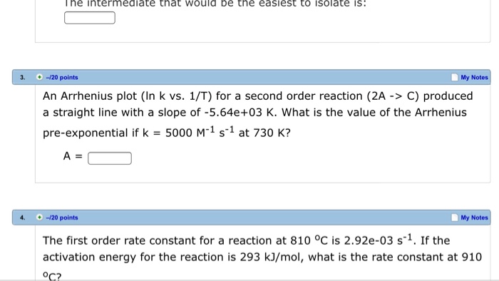 Solved An Arrhenius plot (ln k vs. 1/T) for a second order | Chegg.com