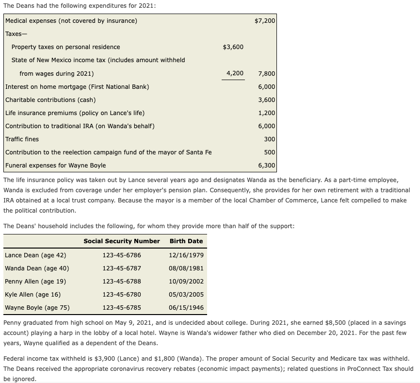 Note: This problem is for the 2021 tax year. Lance H. | Chegg.com