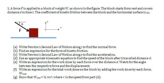 Solved 1. A force Fis applied to a block of weight W, as | Chegg.com