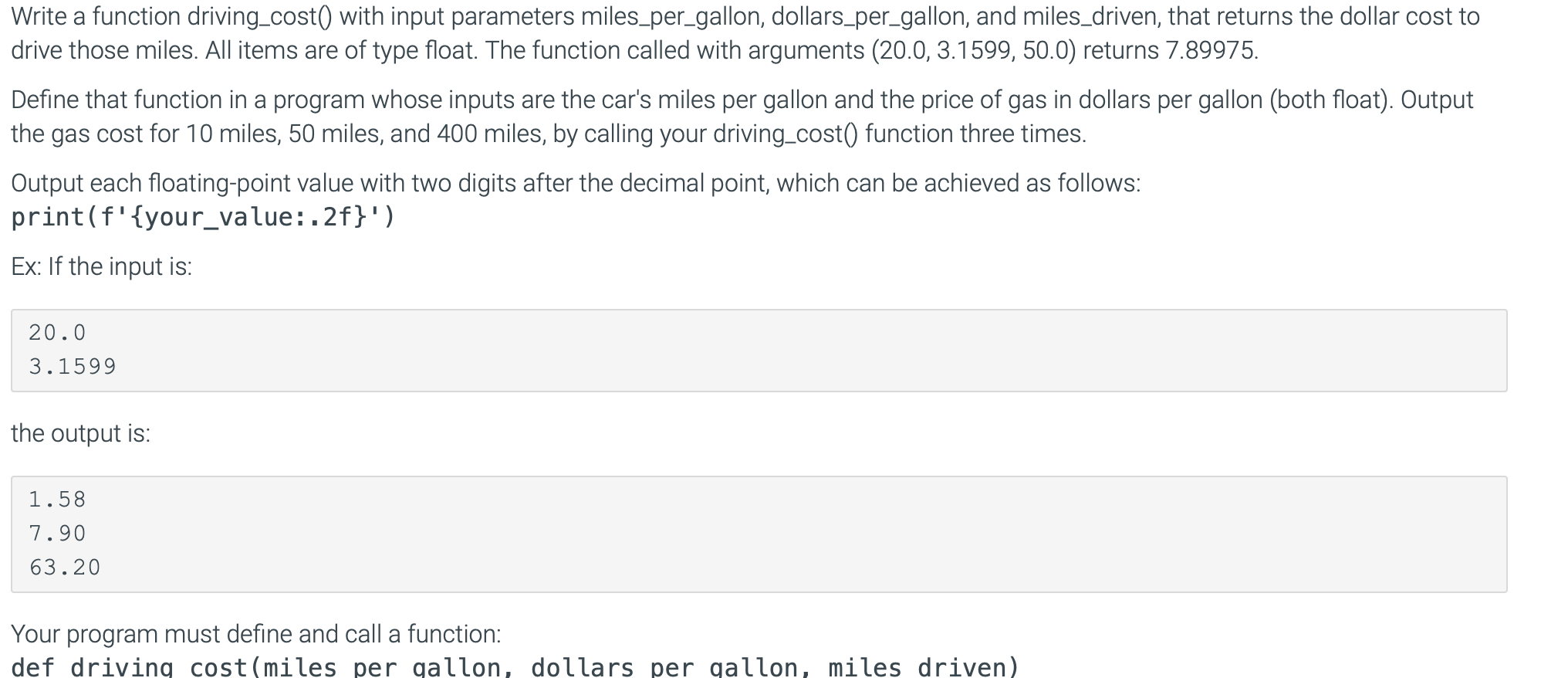 Solved Write a function driving_cost() with input parameters | Chegg.com