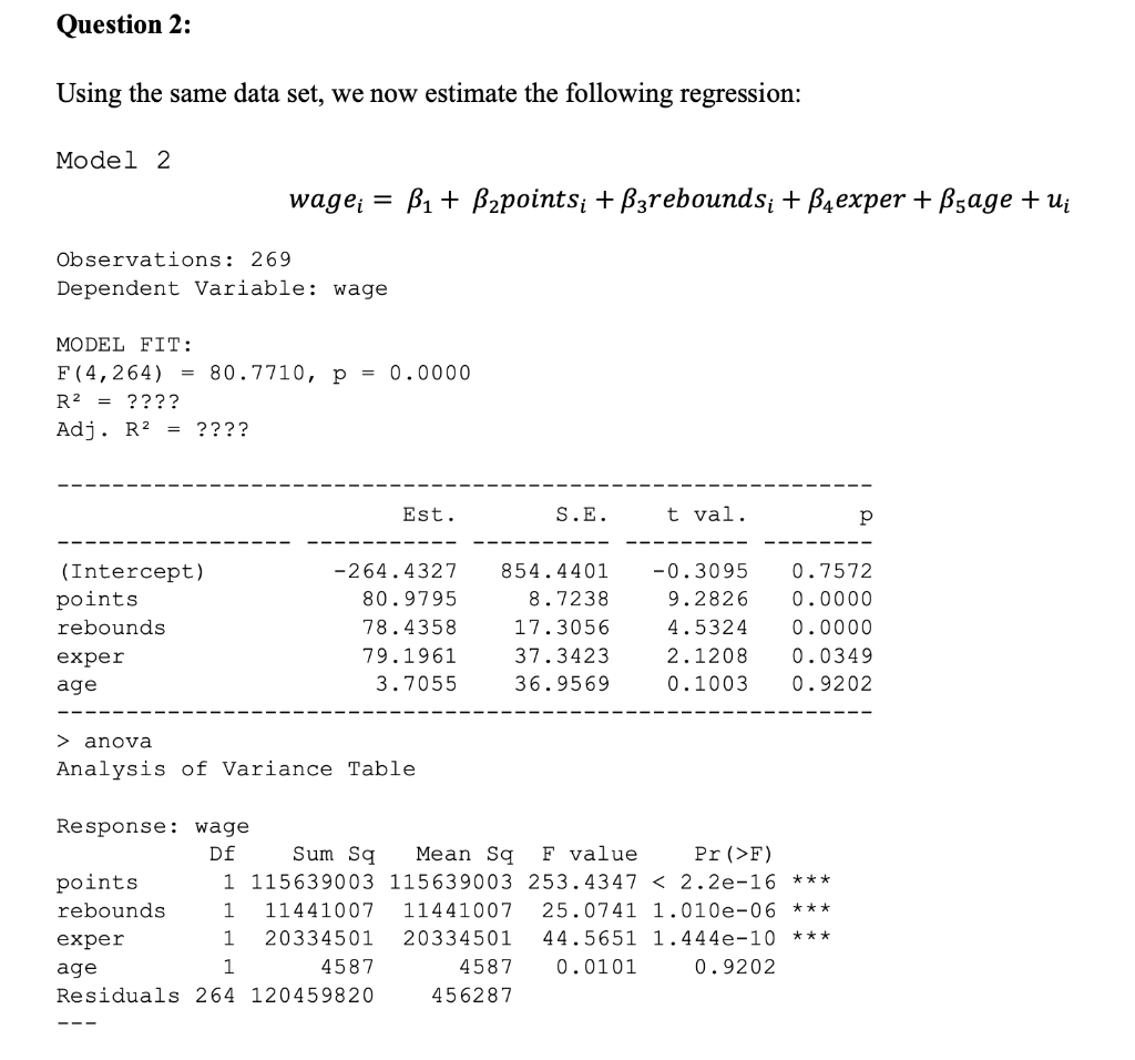 Question 1: Using data on a sample of 269 players in | Chegg.com