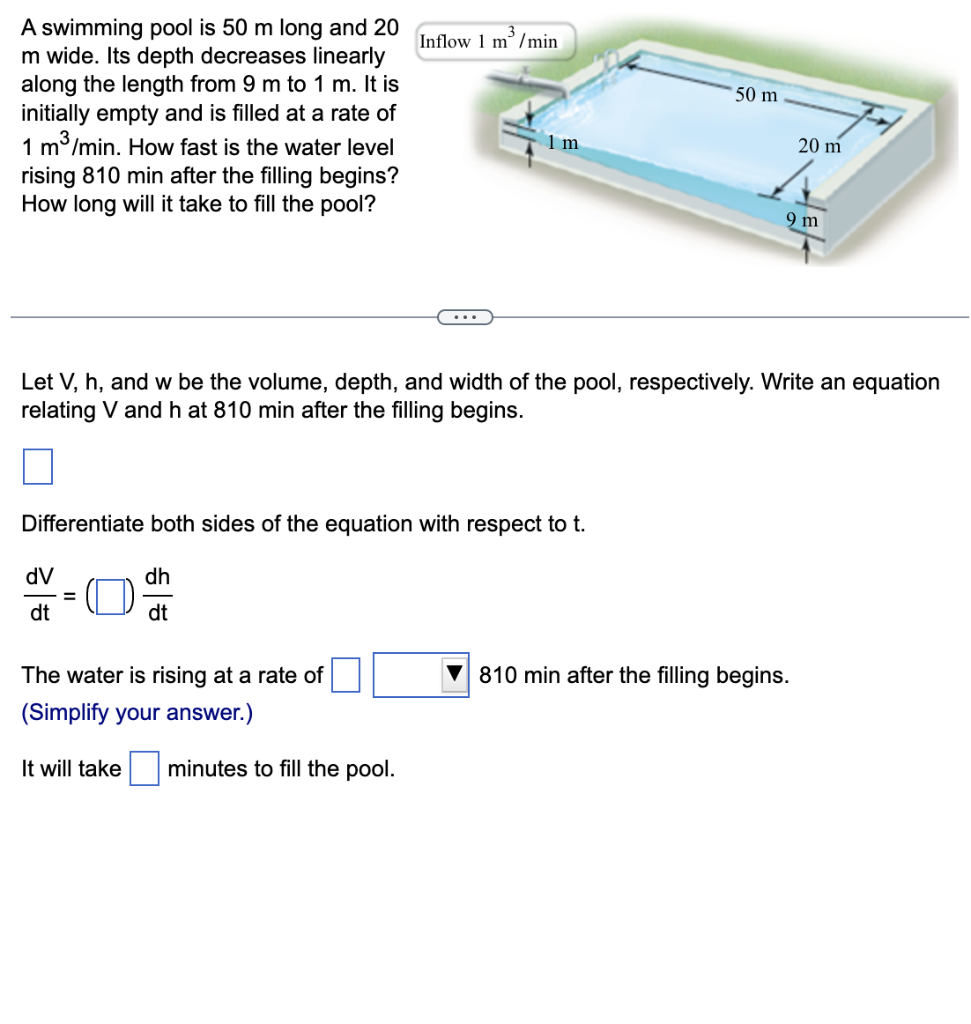 Solved A swimming pool is 50 m long and 20 m wide. Its depth | Chegg.com