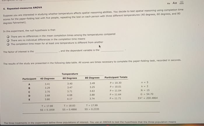 Solved Aa Aa . 4. Repeated-measures ANOVA Suppose you are | Chegg.com