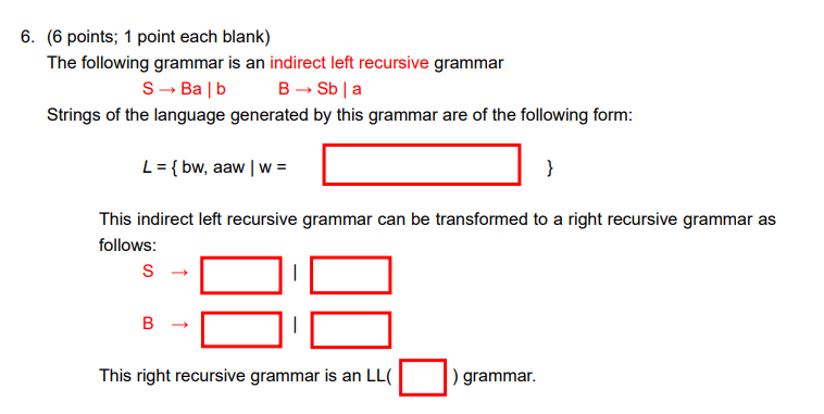Solved 6. (6 points; 1 point each blank) The following | Chegg.com