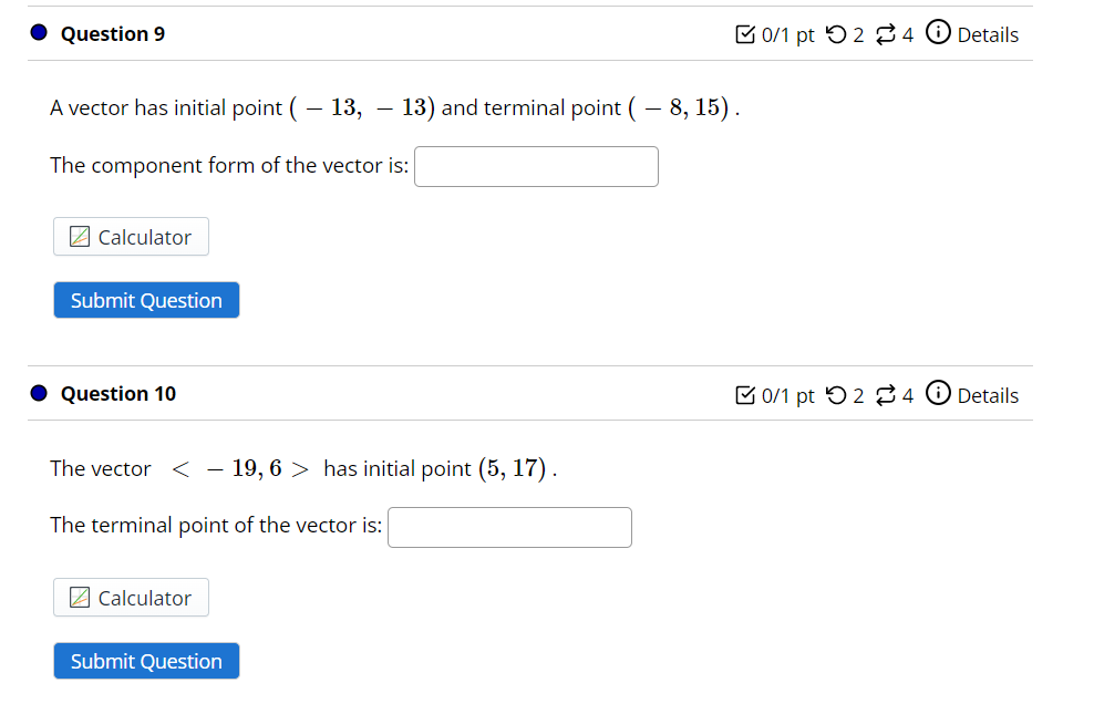 Solved A vector has initial point (−13,−13) and terminal | Chegg.com