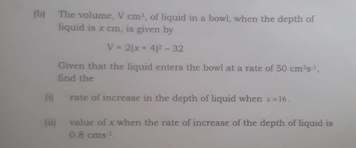 Solved The volume, Vcm3, of liquid in a bowl, when the depth | Chegg.com