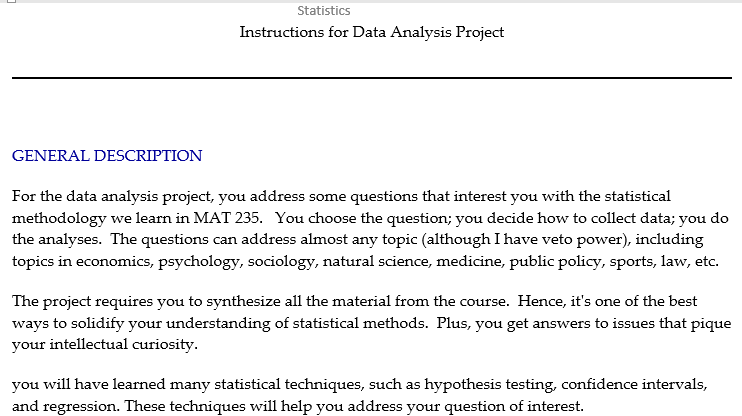 Solved Statistics Instructions for Data Analysis Project | Chegg.com