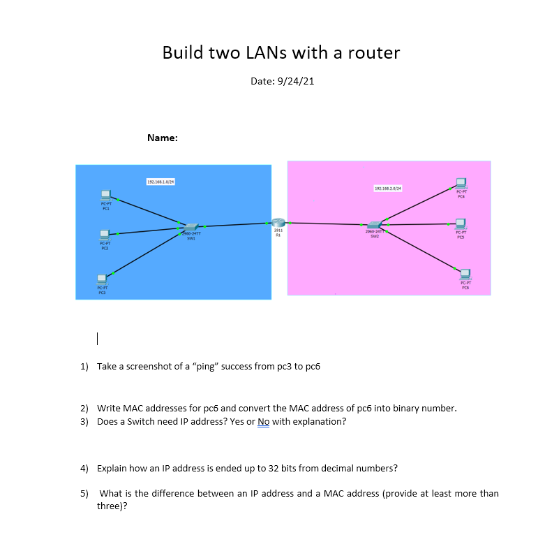 Solved Build two LANs with a router Date: 9/24/21 Name: | Chegg.com