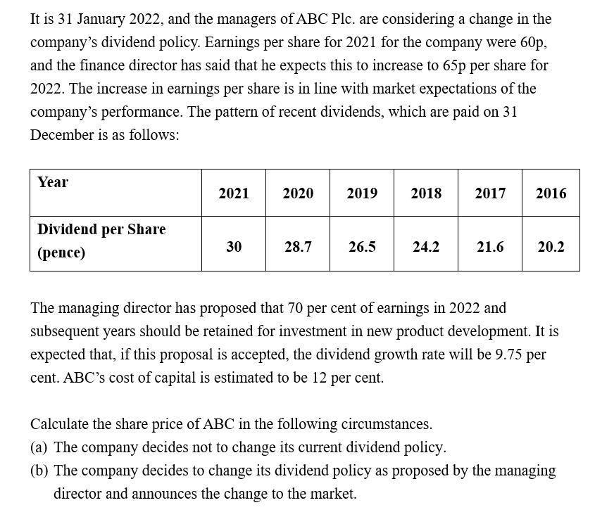 Solved It is 31 January 2022, and the managers of ABC Plc. | Chegg.com
