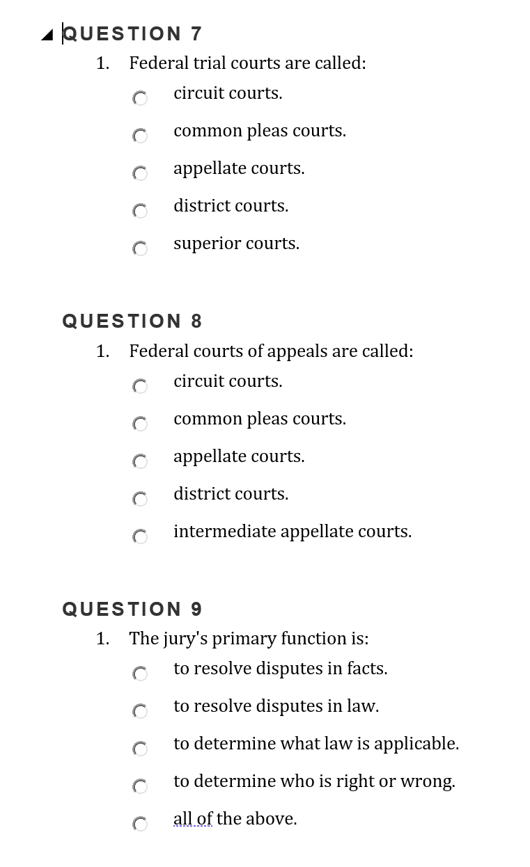 Solved QUESTION 7 1. Federal trial courts are called: | Chegg.com