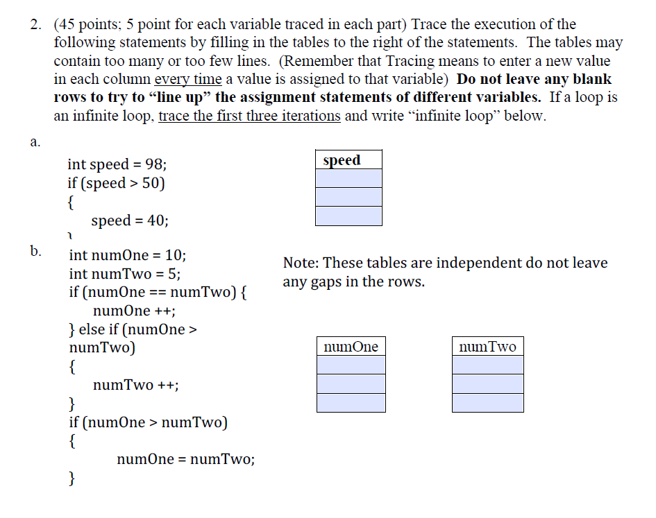 Solved 2. (45 points; 5 point for each variable traced in | Chegg.com