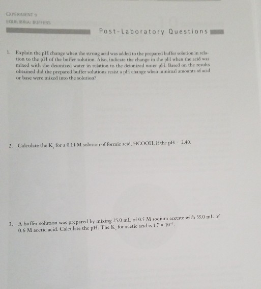 Solved EXPERIMENTS EQUISIAT BUFFERS Post - Laboratory | Chegg.com