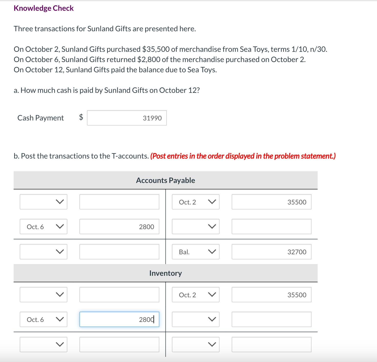 Solved Knowledge Check Three transactions for Sunland Gifts | Chegg.com