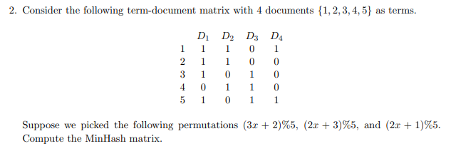 2. Consider the following term-document matrix with 4 | Chegg.com