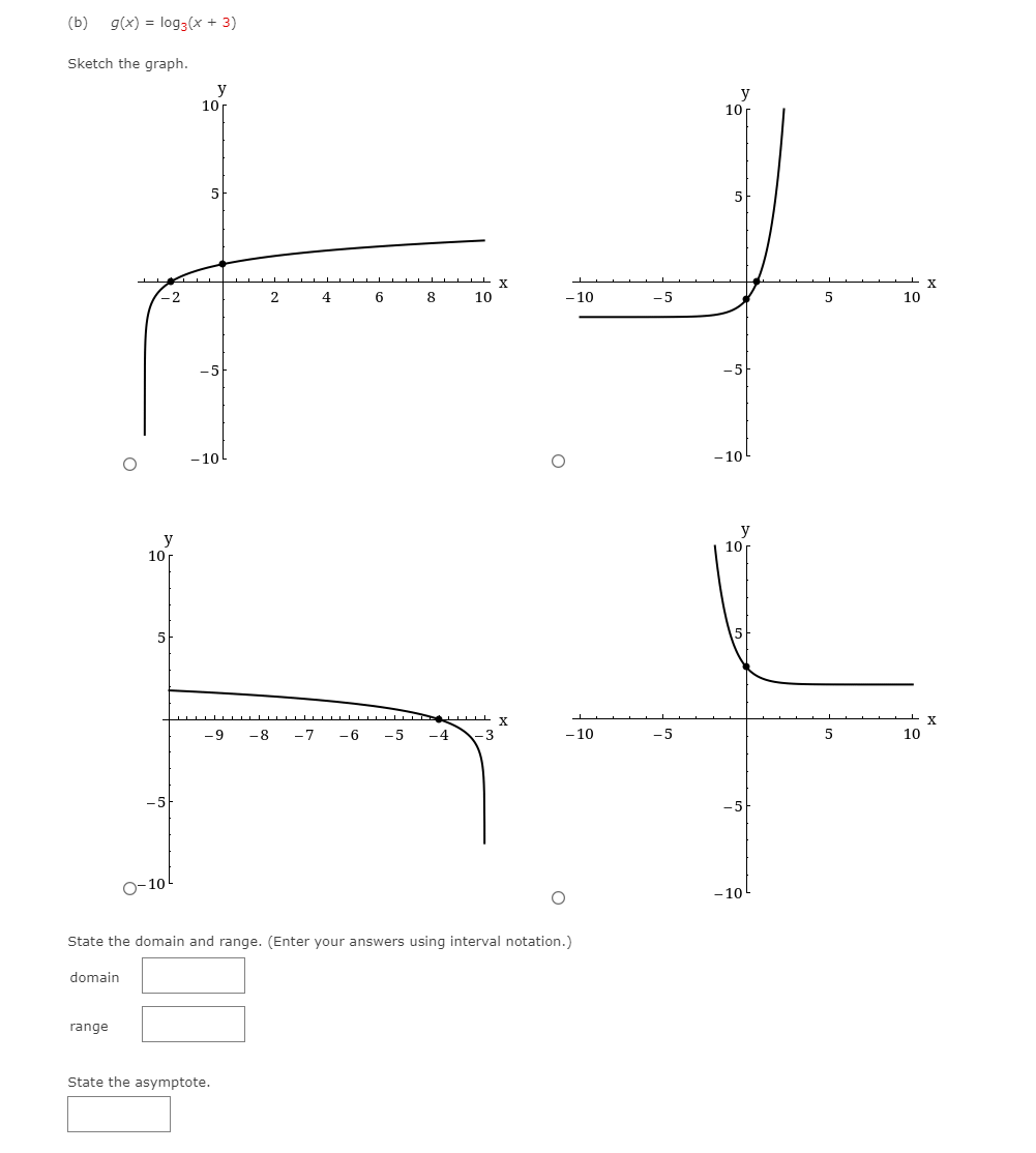 Solved (b) g(x) = log3(x + 3) Sketch the graph. у 10 y 10 5 | Chegg.com