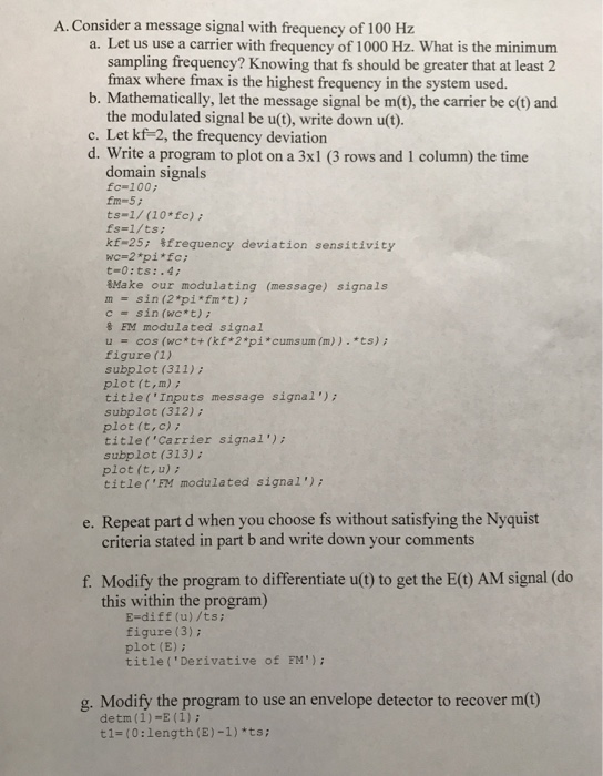 Solved A. Consider a message signal with frequency of 100 Hz | Chegg.com