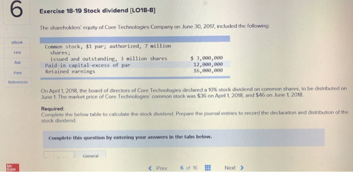 Solved 6 Exercise 18-19 Stock dividend [LO18-8] The | Chegg.com