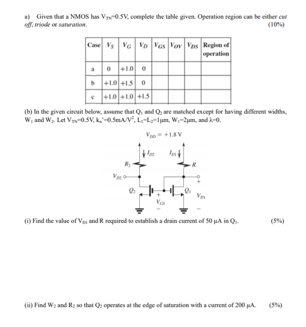 Solved a) Given that a NMOS has VIN=0.5V, complete the table | Chegg.com