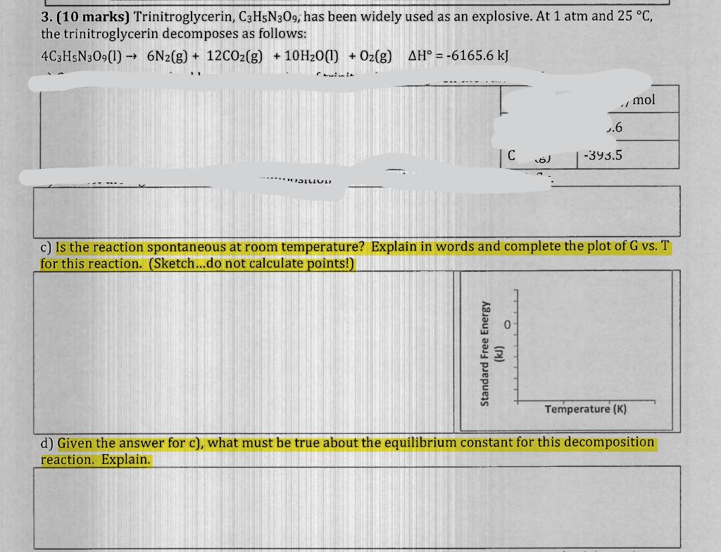 Solved 3. (10 marks) Trinitroglycerin, C3H5 N3O9; has been | Chegg.com
