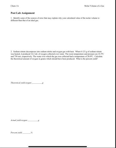 Solved Chem IA Molar Volume of a Gas.Post Lab Assignment 1. | Chegg.com