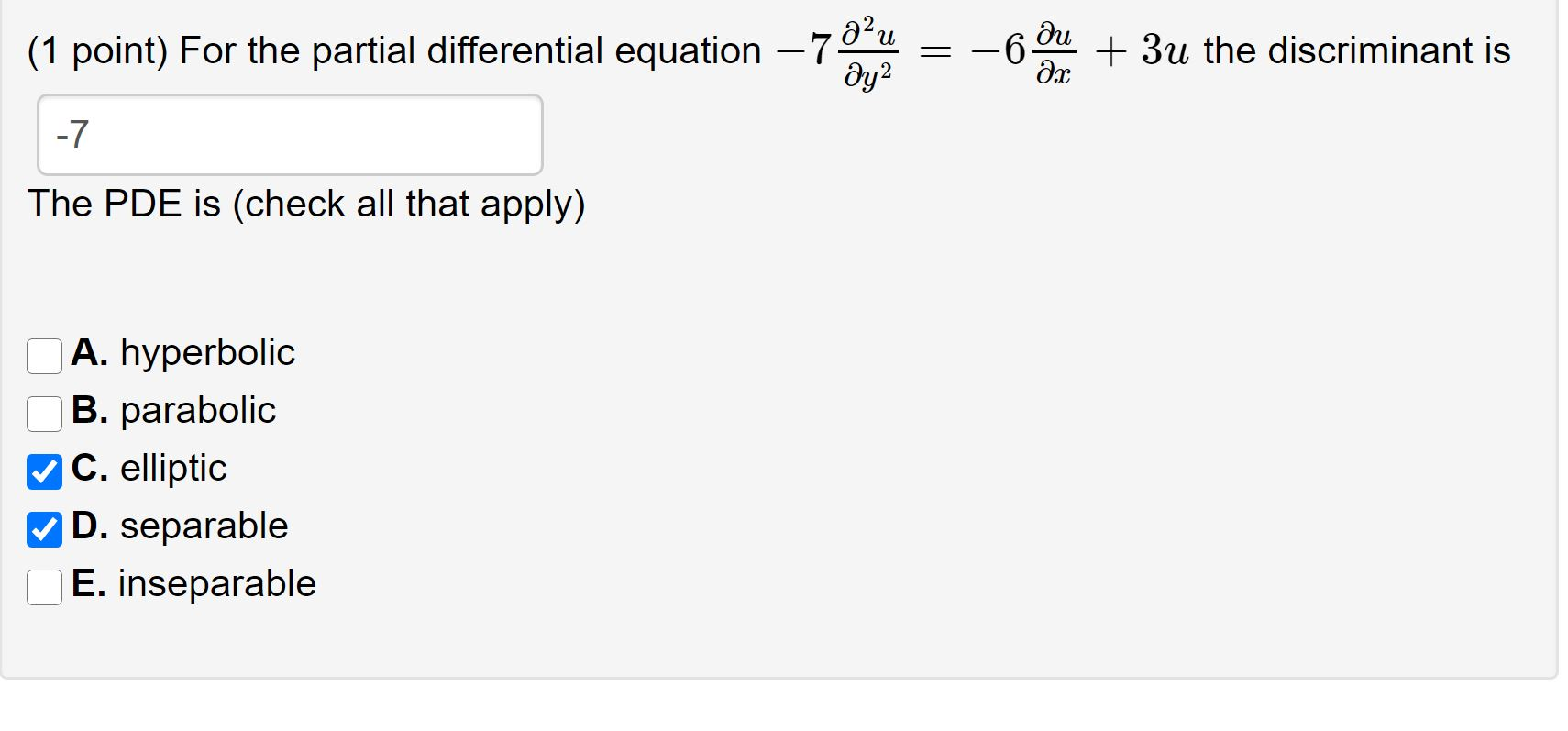 Solved (1 point) For the partial differential equation –782 | Chegg.com