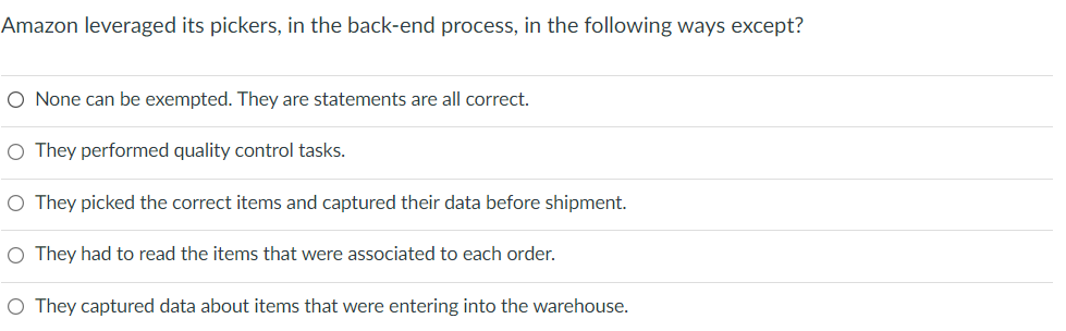 Solved Amazon leveraged its pickers, in the back-end | Chegg.com