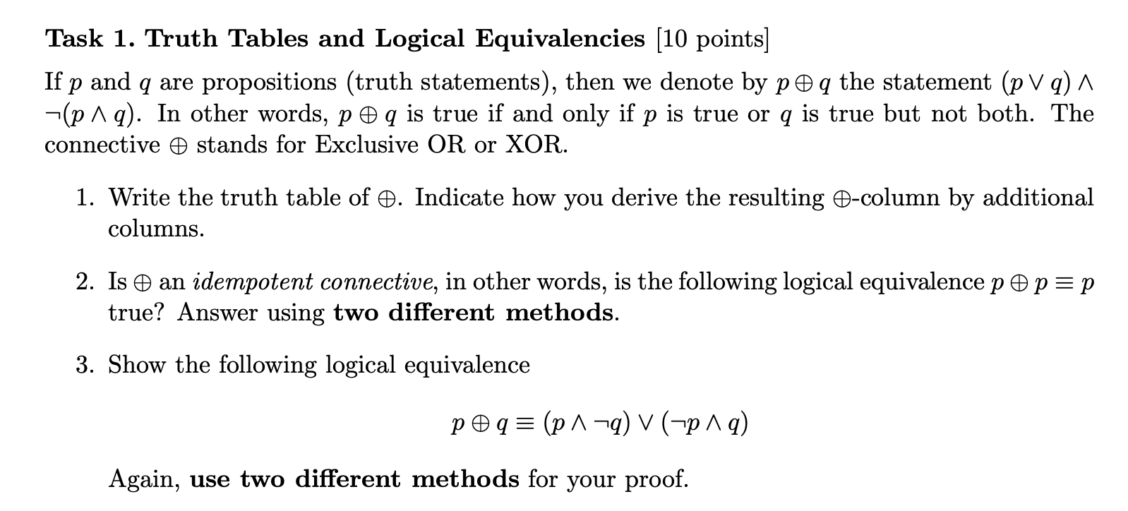 Solved Task 1. Truth Tables and Logical Equivalencies [10 | Chegg.com