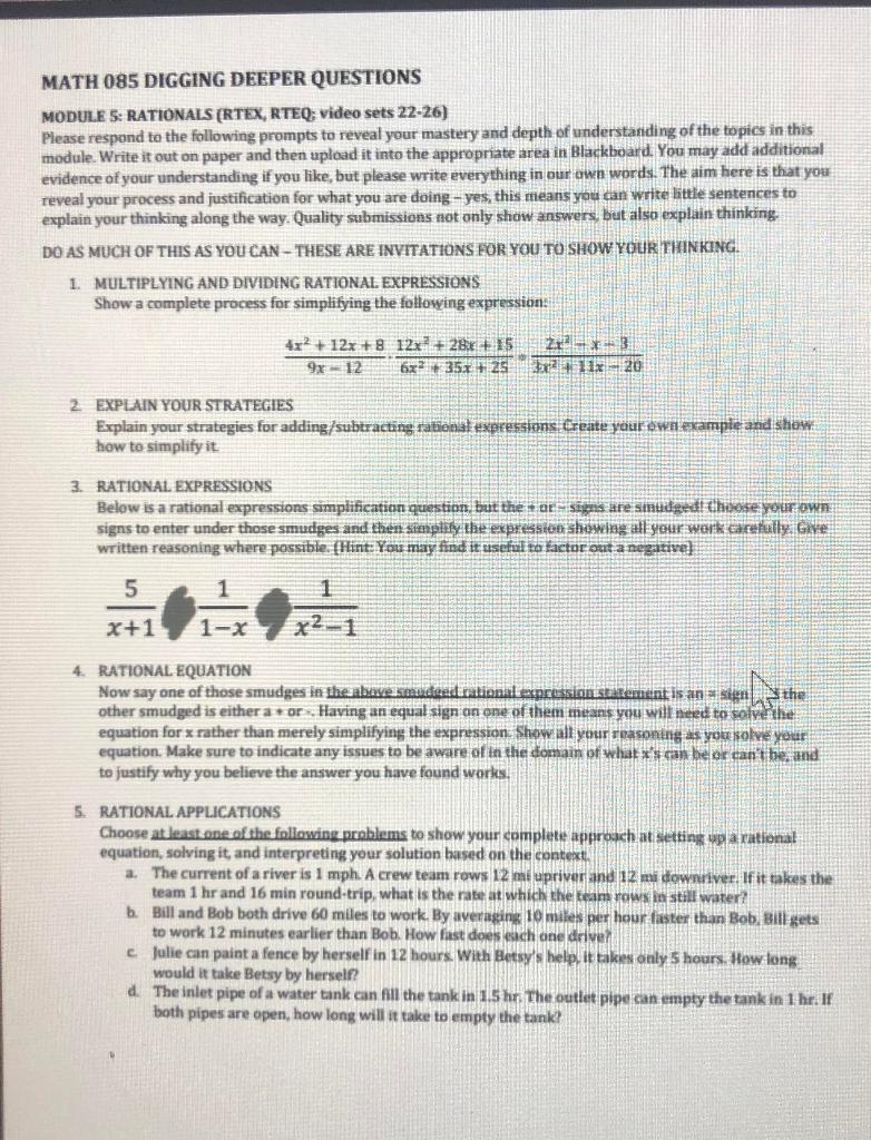 Solved MATH 085 DIGGING DEEPER QUESTIONS MODULE 5: RATIONALS | Chegg.com