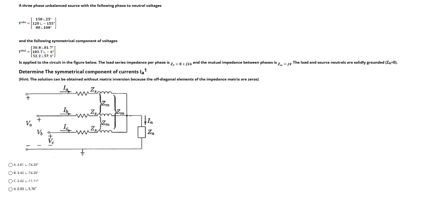 Solved A three phase unbalanced source with the following | Chegg.com