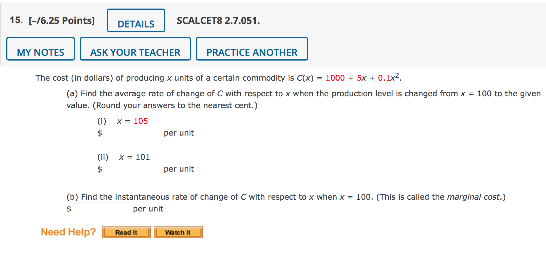 Solved 15. [-76.25 Points] DETAILS SCALCET8 2.7.051. MY | Chegg.com