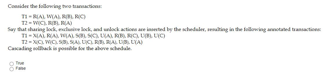 Solved Consider the following two transactions: T1 = R(A), | Chegg.com