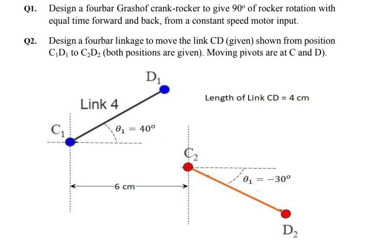 Q1. Design a fourbar Grashof crank-rocker to give 90∘ | Chegg.com