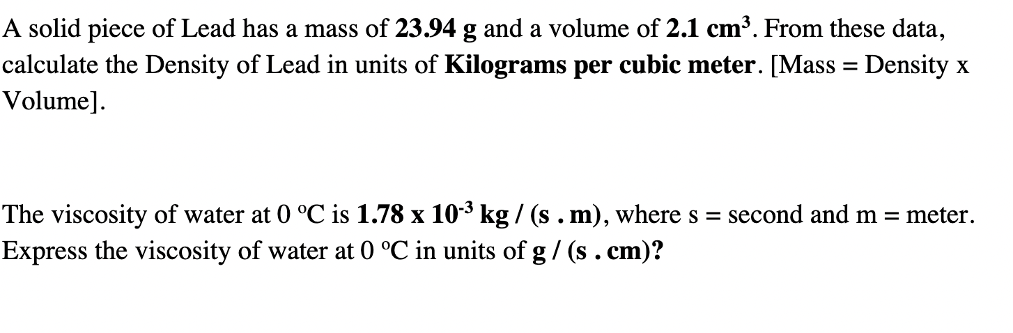 Solved A solid piece of Lead has a mass of 23.94 g and a | Chegg.com