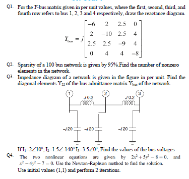 Solved 2 Q1. For the Y-bus matrix given in per unit values, | Chegg.com