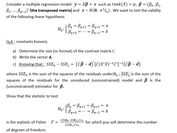 Consider a multiple regression model: y = XB+ ε such | Chegg.com