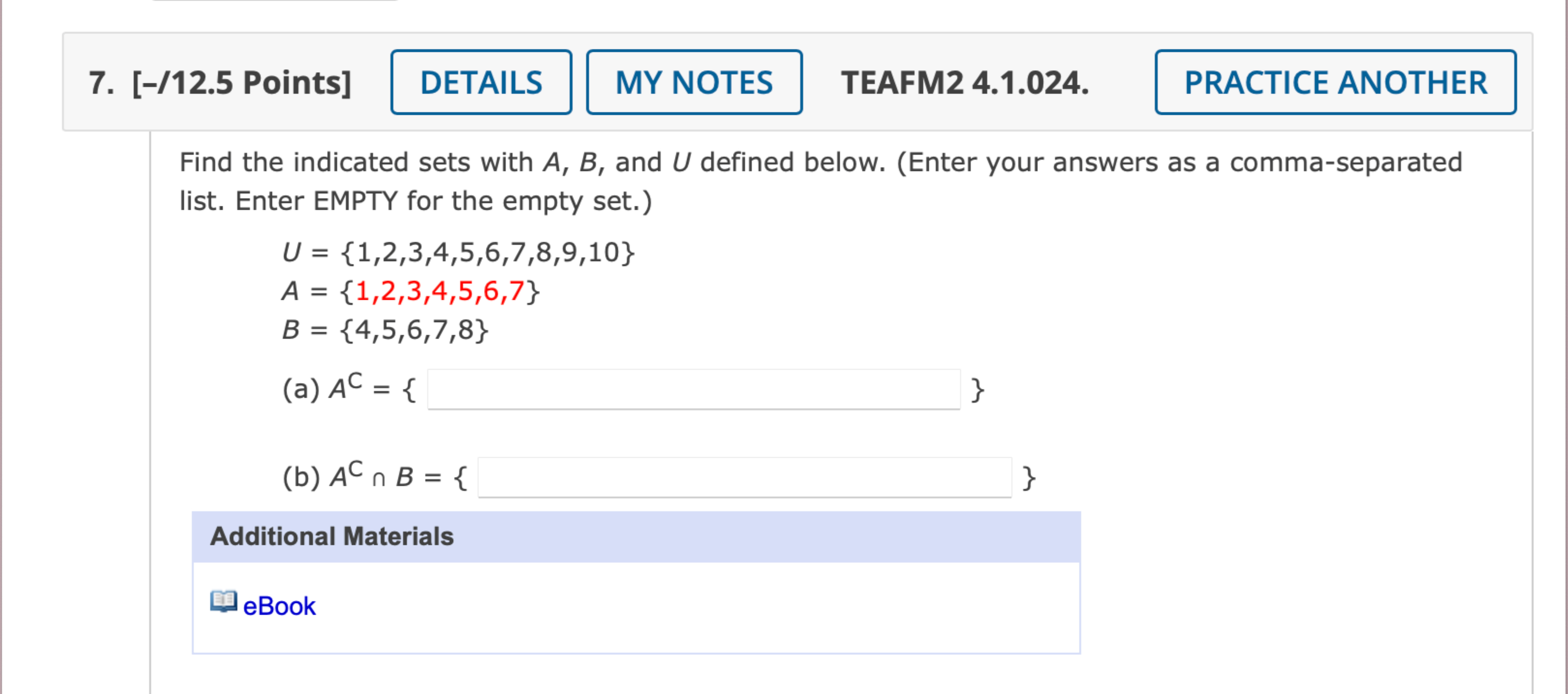 Solved [-12.5 ﻿Points]TEAFM2 4.1.024.Find the indicated sets | Chegg.com