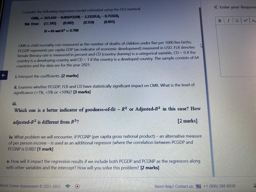 Solved Consider the following regression model estimated | Chegg.com