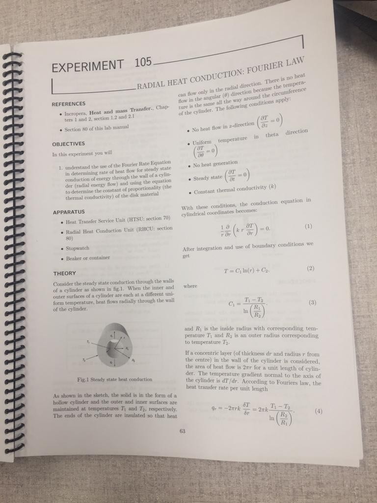EXPERIMENT 105 -RADIAL HEAT CONDUCTION: FOURIER LAW | Chegg.com