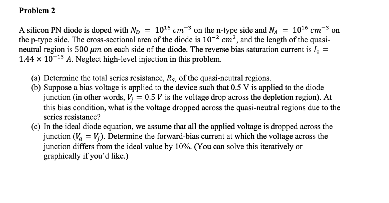 Solved A silicon PN diode is doped with ND=1016 cm−3 on the | Chegg.com