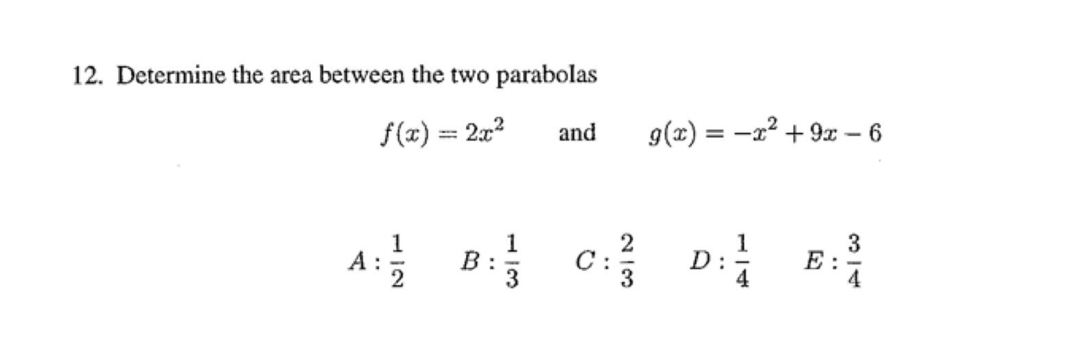 Solved 12. Determine the area between the two parabolas f(x) | Chegg.com