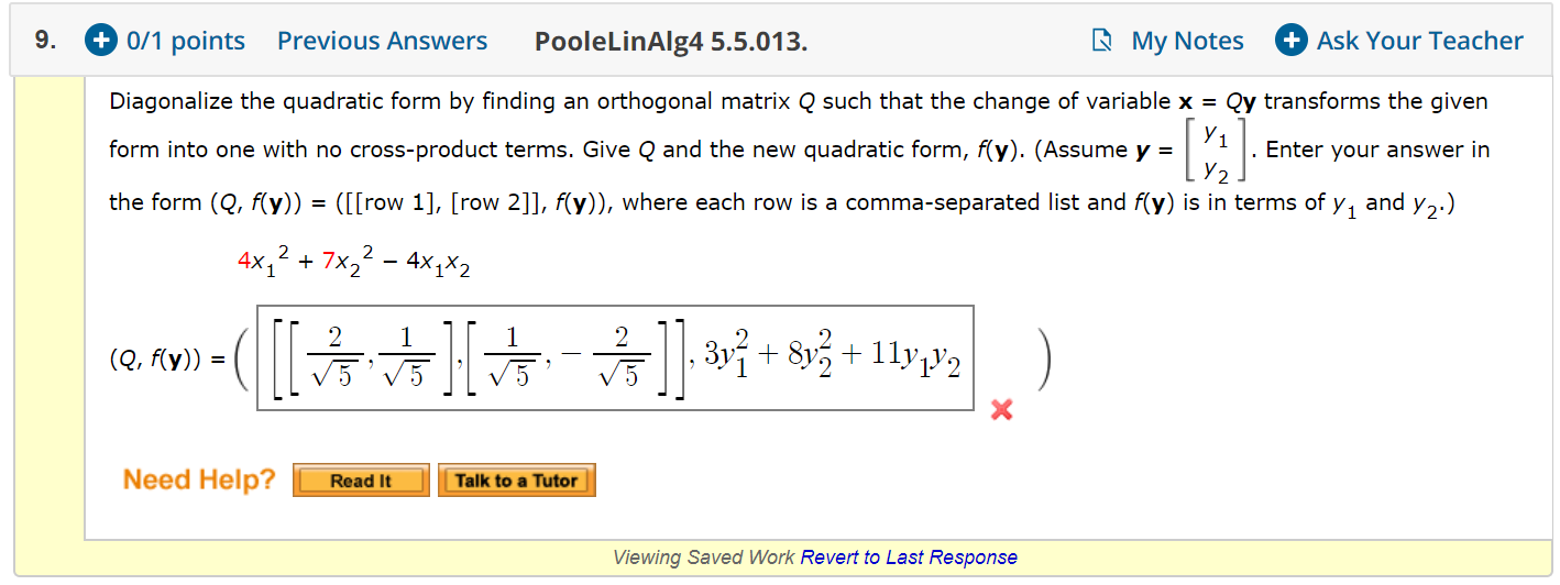 Solved 9. + 0/1 points Previous Answers PooleLinAlg4 | Chegg.com