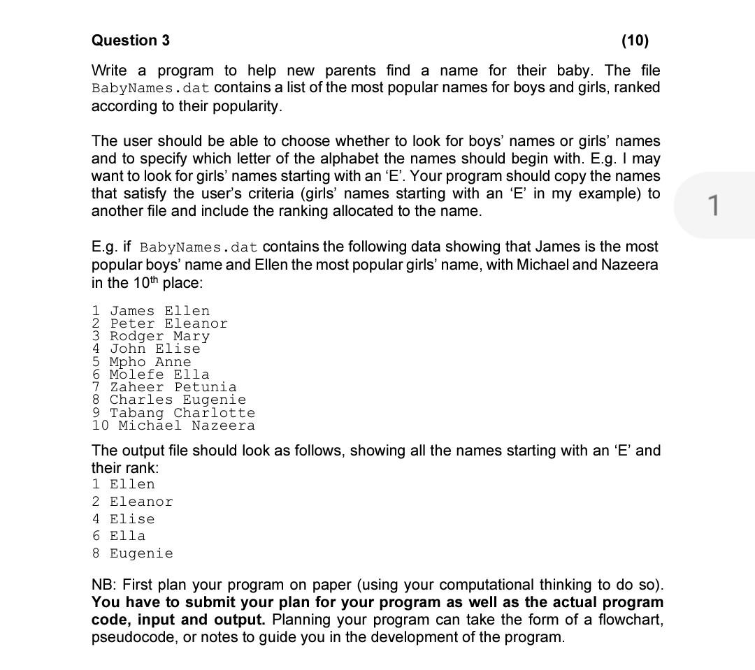 Solved Question 3 (10) Write a program to help new parents | Chegg.com