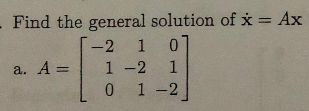 Solved Find the general solution of x = Ax -2 1 0 a. A= 1 - | Chegg.com